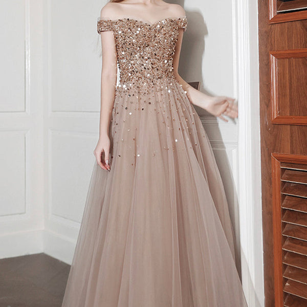 Off the Shoulder Beading Long Prom Dresses A-Line Evening Dresses Spar ...